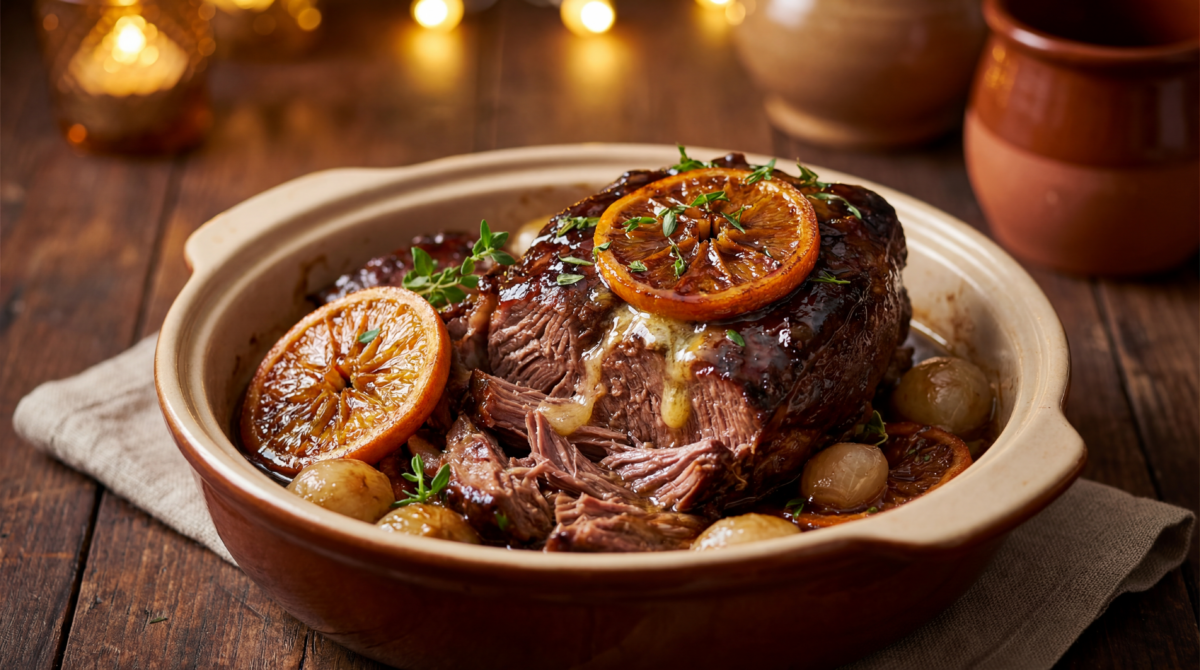Bœuf confit à l’orange et au vin rouge : la cuisson douce en cocotte ...